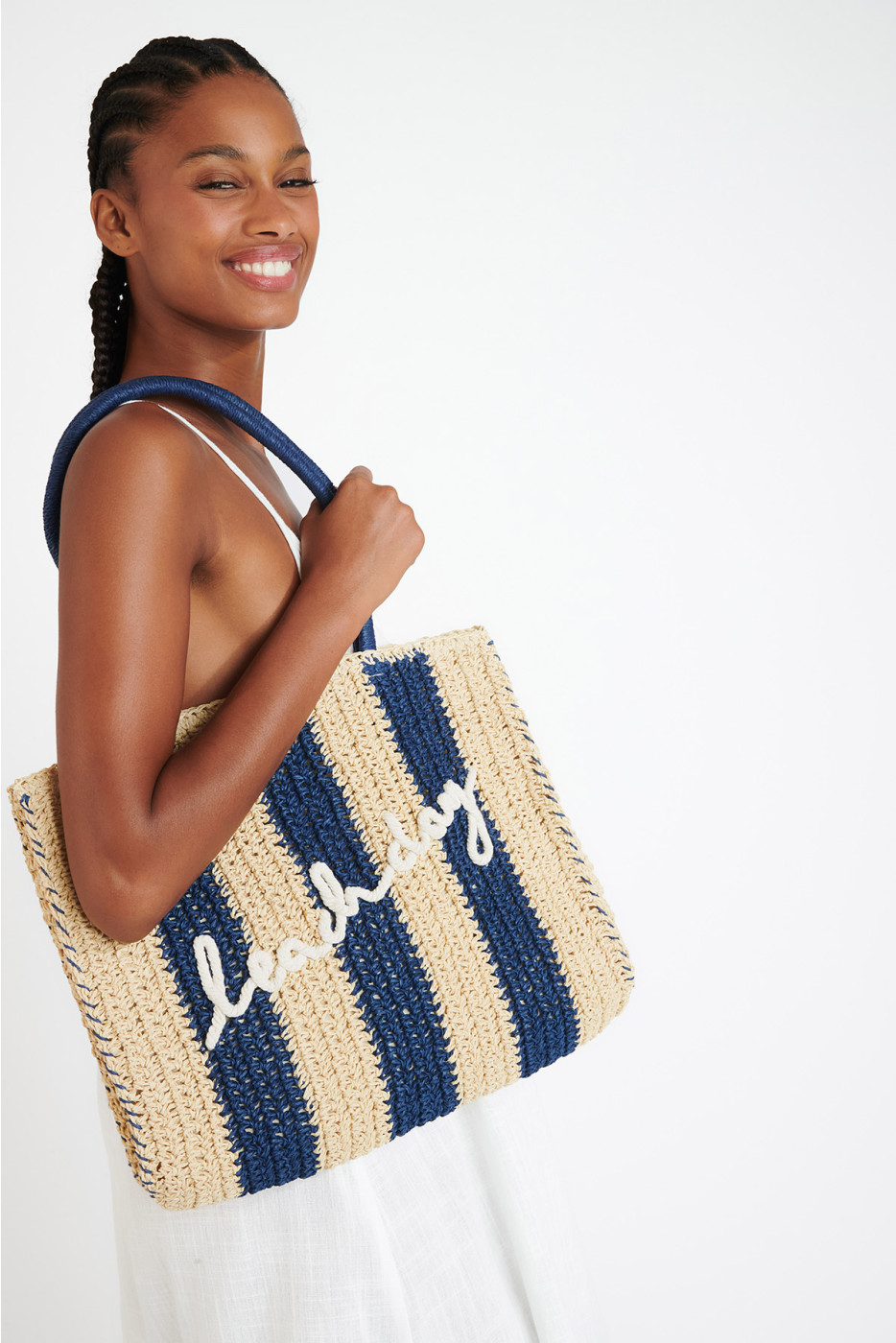 ANSELMO MADIGUI Navy blue striped crochet tote bag | Banana Moon®