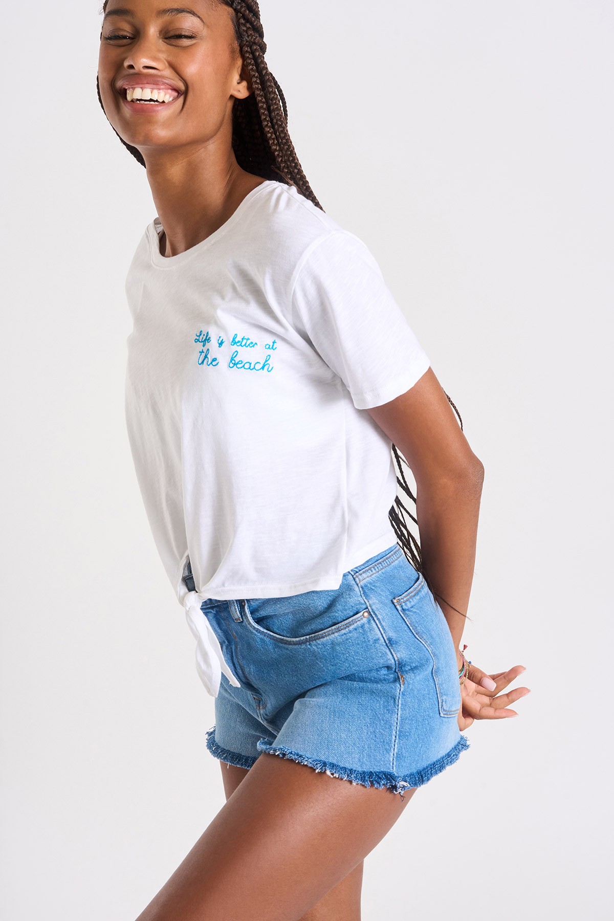 T-shirt blanc noué phrase bleue CLOVIS SUNSETRIP | Banana Moon®