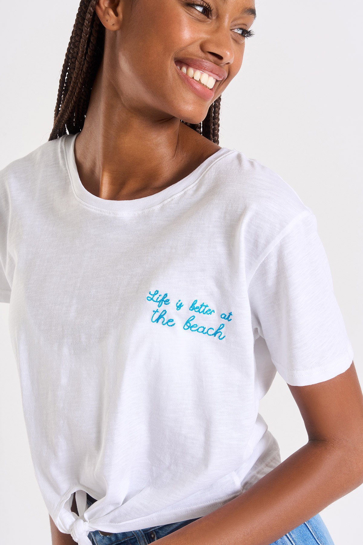 T-shirt blanc noué phrase bleue CLOVIS SUNSETRIP | Banana Moon®