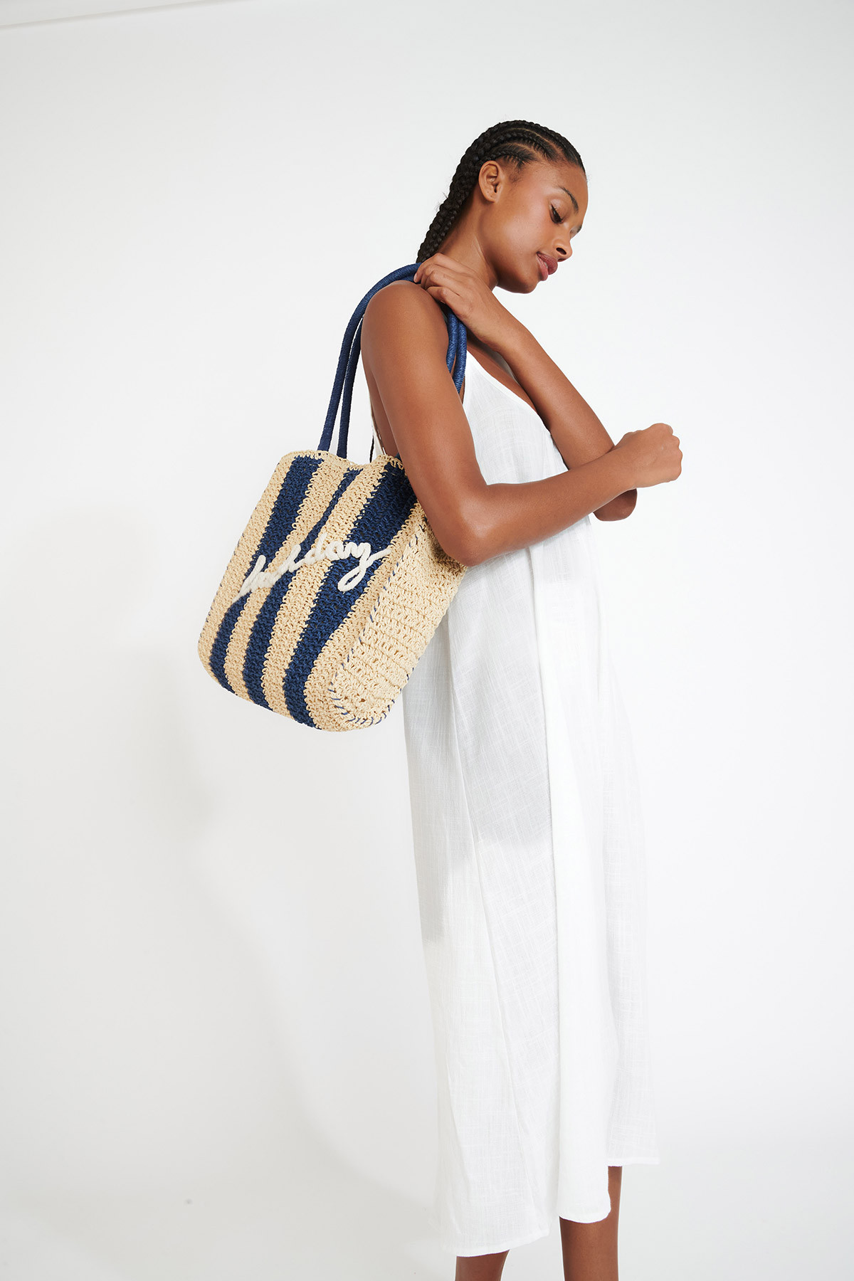 ANSELMO MADIGUI Navy blue striped crochet tote bag | Banana Moon®